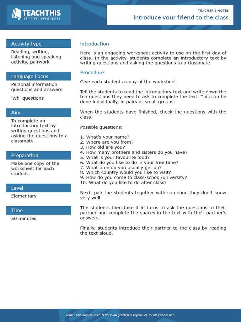 Introduce Your Friend To The Class | PDF | Question | Learning