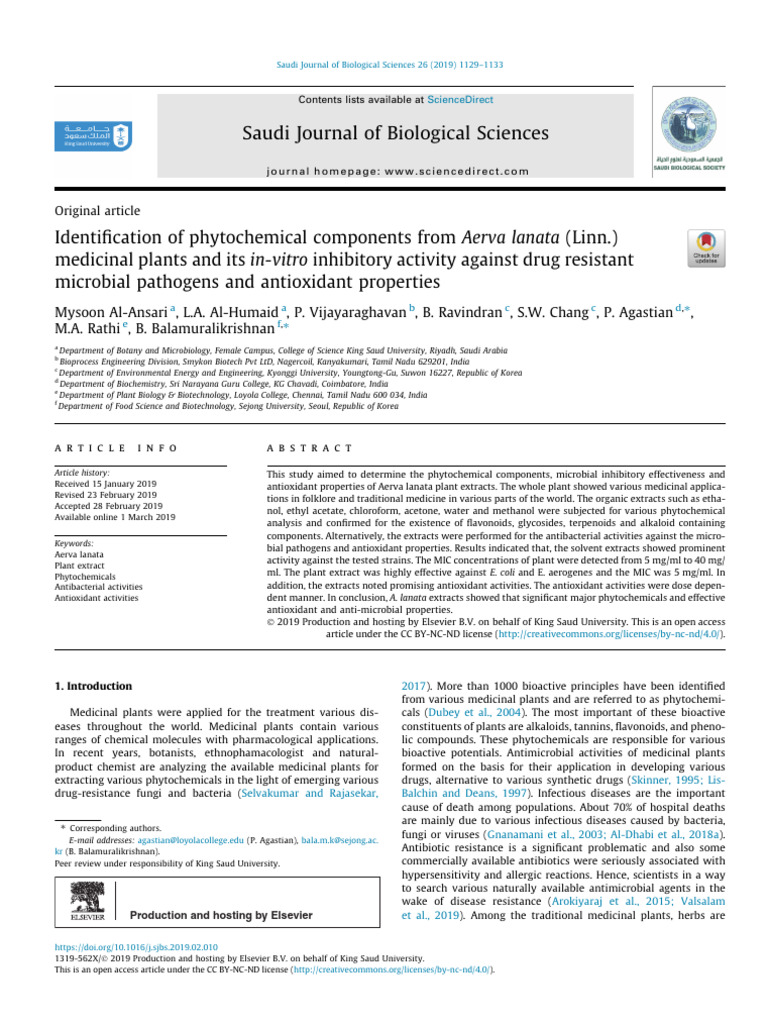Saudi Journal of Biological Sciences: Aerva Lanata In-Vitro | PDF | Antimicrobial | Polyphenol