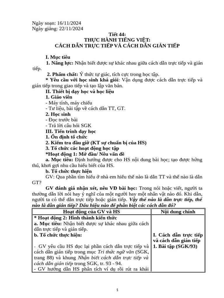 Tiết 44 THTV Cách Dẫn Trực Tiếp Và Cách Dẫn Gián Tiếp | PDF