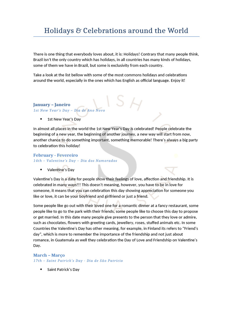 Holidays & Celebrations Around The World | PDF | Christmas | Valentine ...