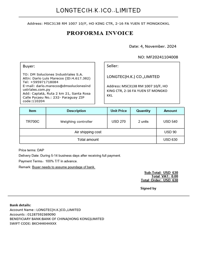 Longtec (H.K.) Co.,Limited: Proforma Invoice | PDF