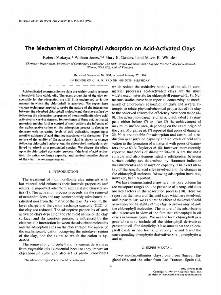 The Mechanism of Chlorophyll Adsorption On Acid-Activated Clays (1) 1 | PDF
