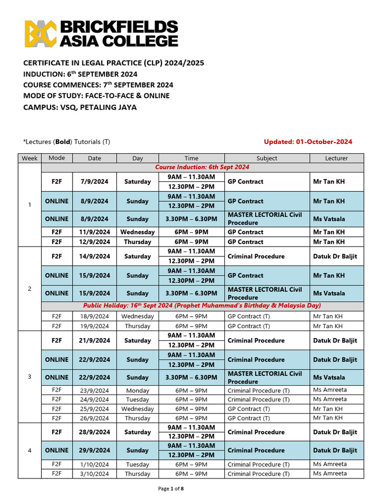 CLP 2024-25 September Detailed Timetable DD 011024 | PDF | Legal ...