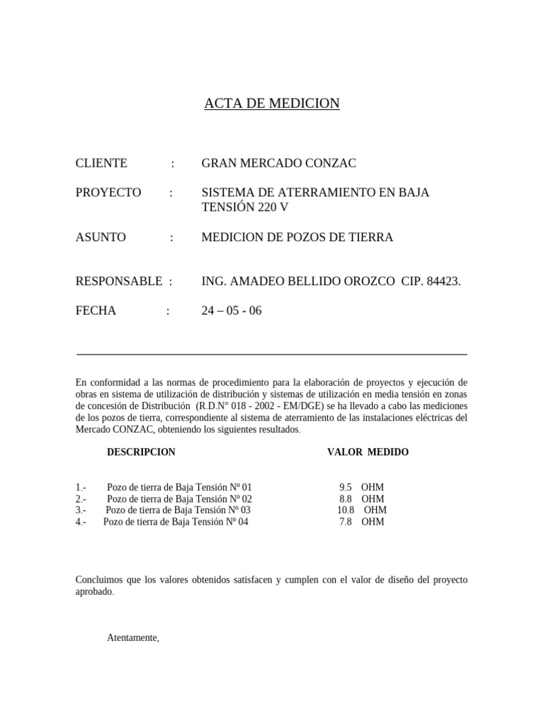 Acta Medición Pozo Tierra Conzac | PDF | Tecnología