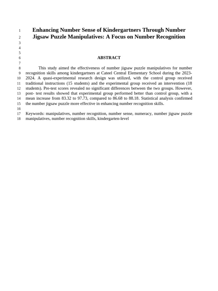 DRJ - 0142 - Enhancing Number Sense of Kindergartners | PDF | Learning | Teachers