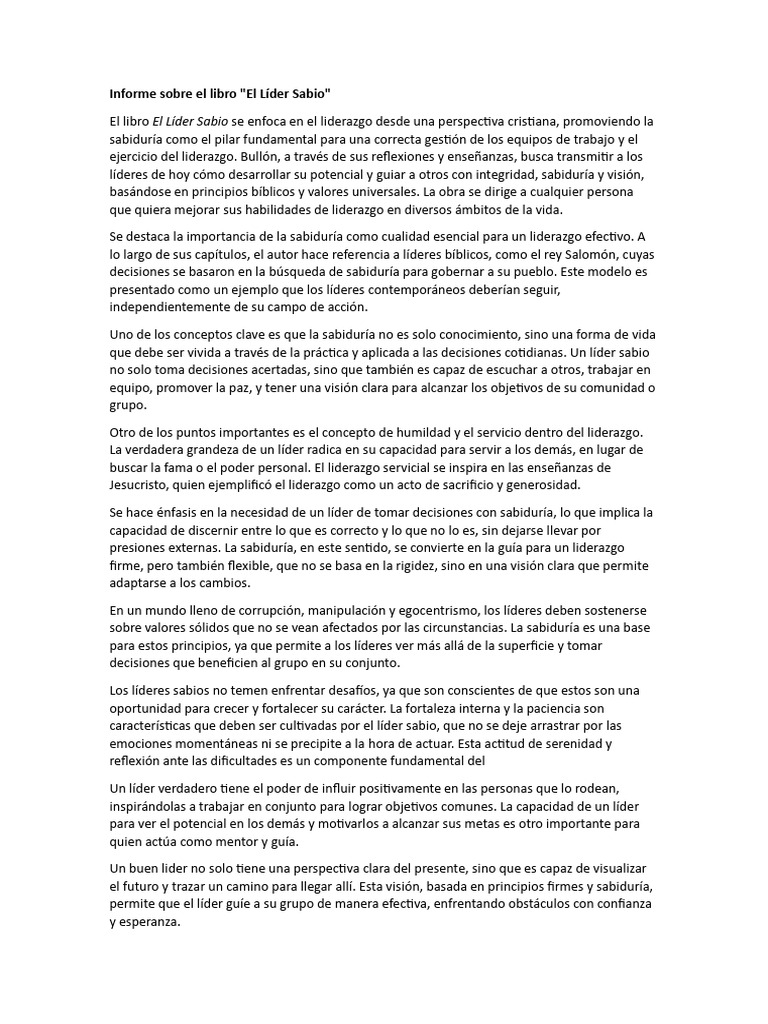 Informe Libro El Lider Sabio | PDF | Liderazgo | Sabiduría