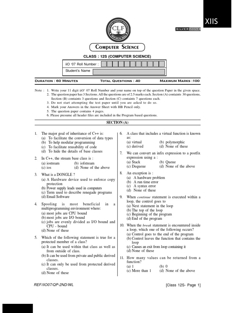 Computer Science Class 12S Exam: Section A Multiple Choice Questions on Object Oriented ...