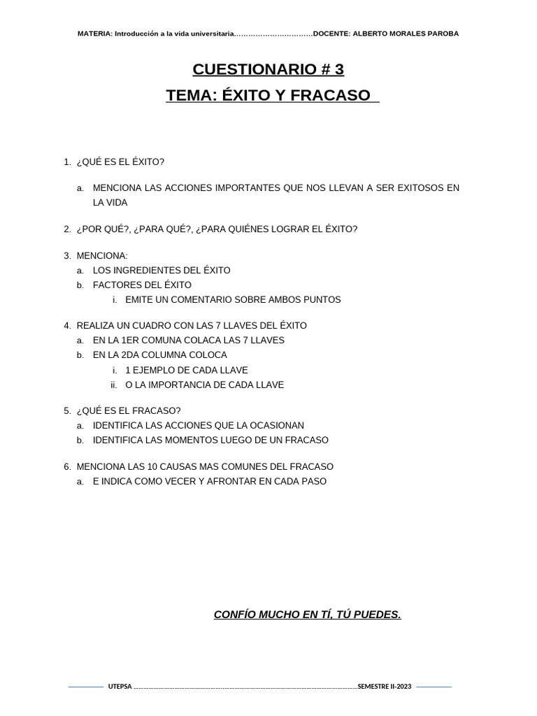 Cuest 3 (Éxito y Fracaso) | PDF | Finanzas y dinero | Estudios de idiomas extranjeros