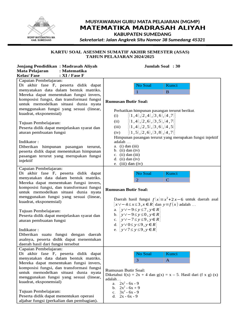 Kartu Soal ASAS (XI WAJIB) 2024 | PDF