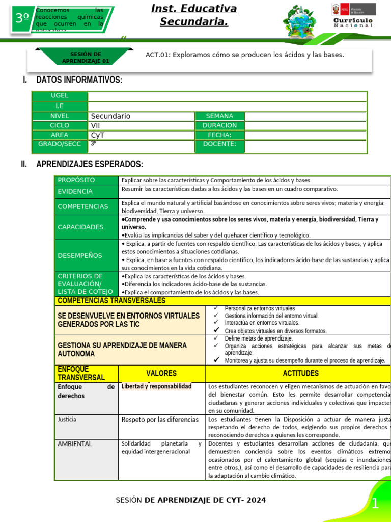 A-3º Ses Act 1-Cyt-Und 6 - Sem 1 | PDF | Aprendizaje | Ácido
