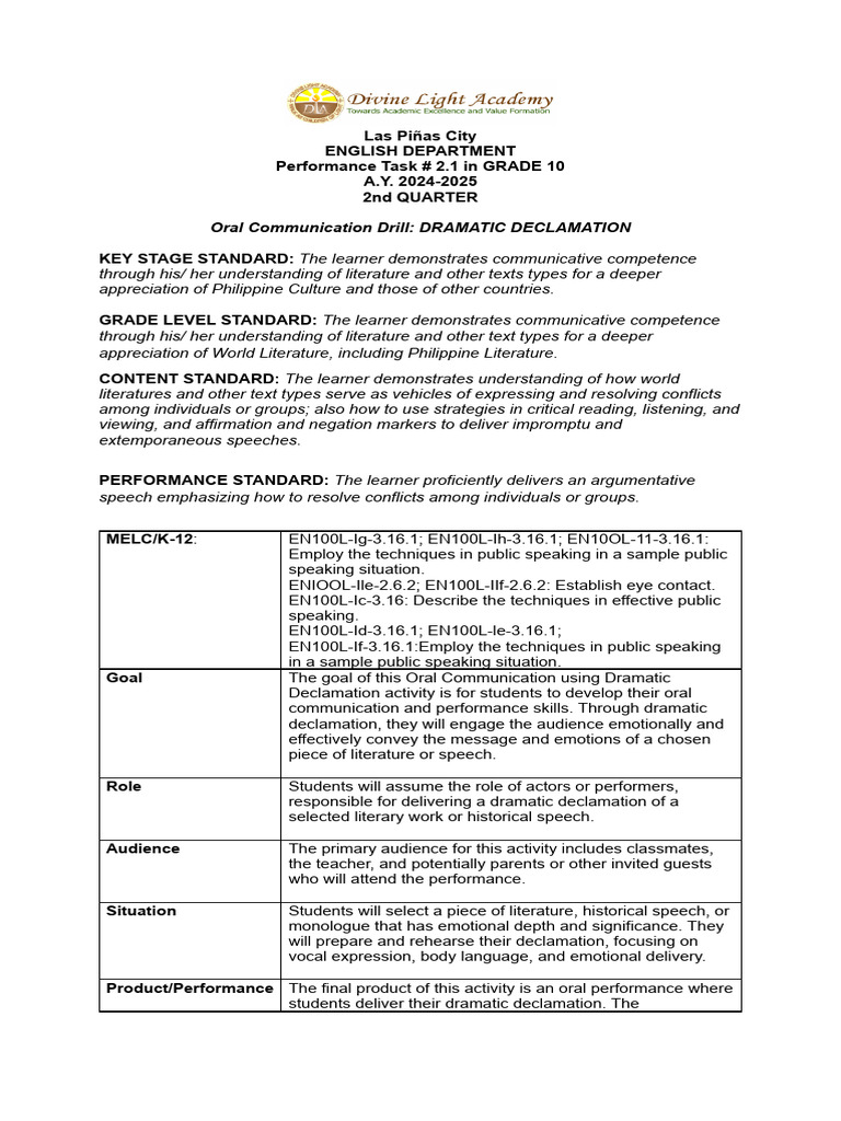 Grade 10 Dramatic Declamation Task | PDF | Human Voice | Public Speaking