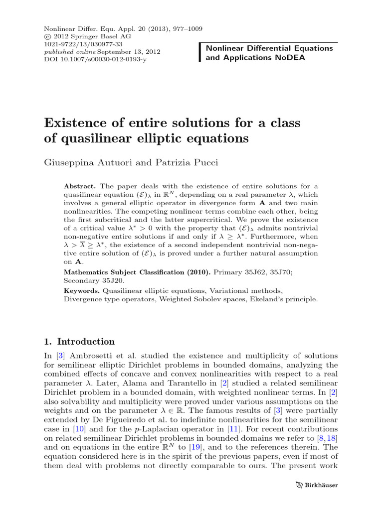 Autuori, Pucci. Existence of Entire Solutions For A Class of Quasilinear Elliptic Equations ...