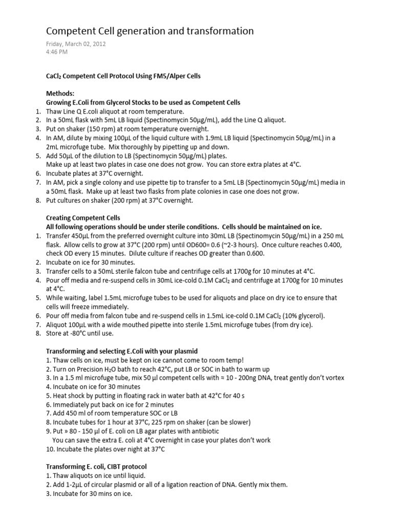 Competent Cell Generation and Transformation | PDF | Biology