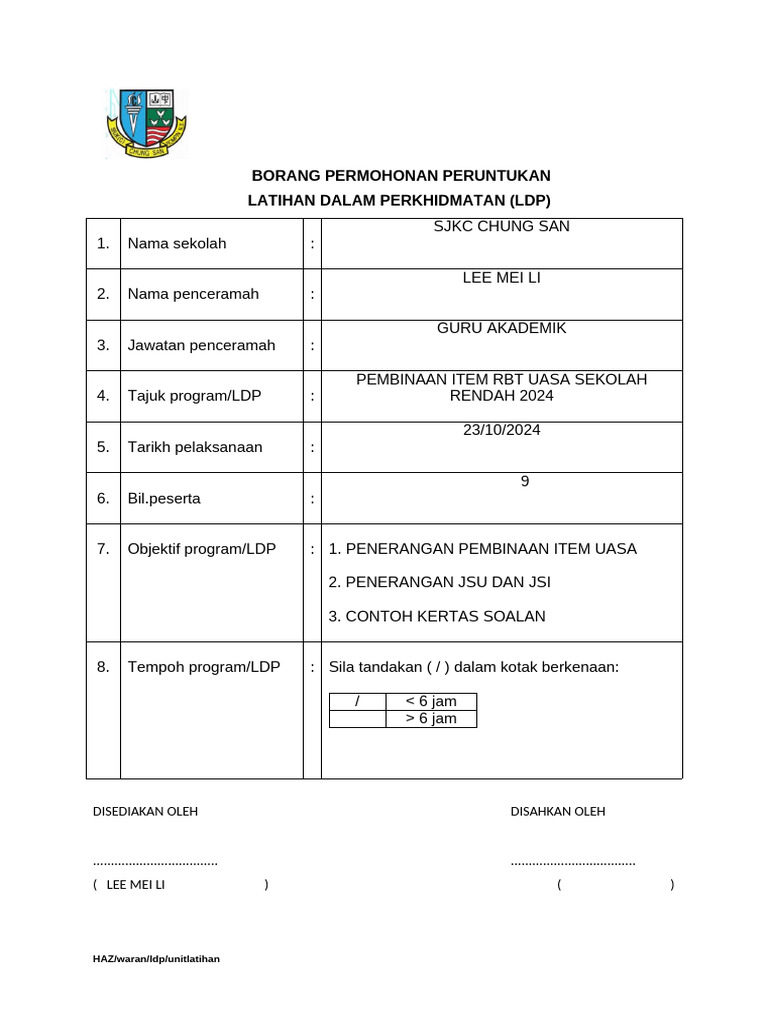 Borang Pelaporan LDP RBT | PDF