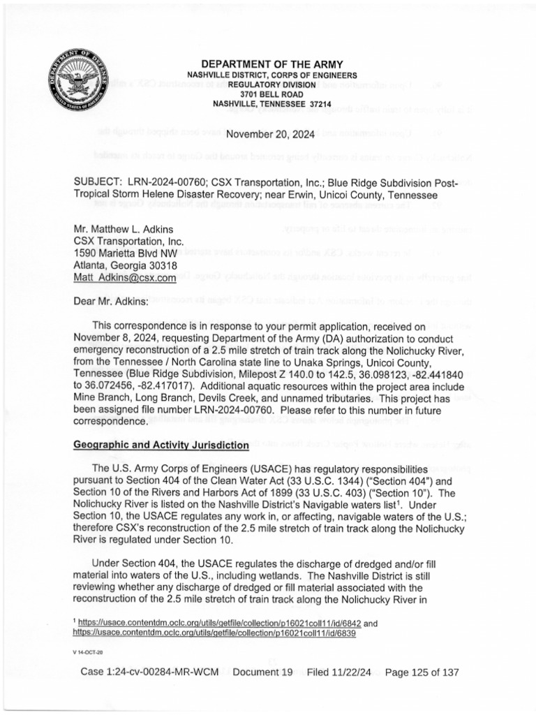 Army Corps Letter To CSX | PDF