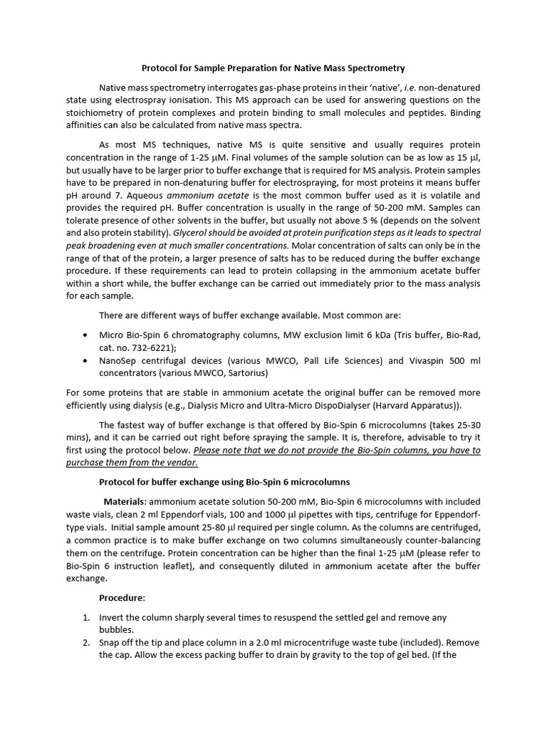 Protocol For Sample Preparation For Native Mass Spectrometry | PDF ...