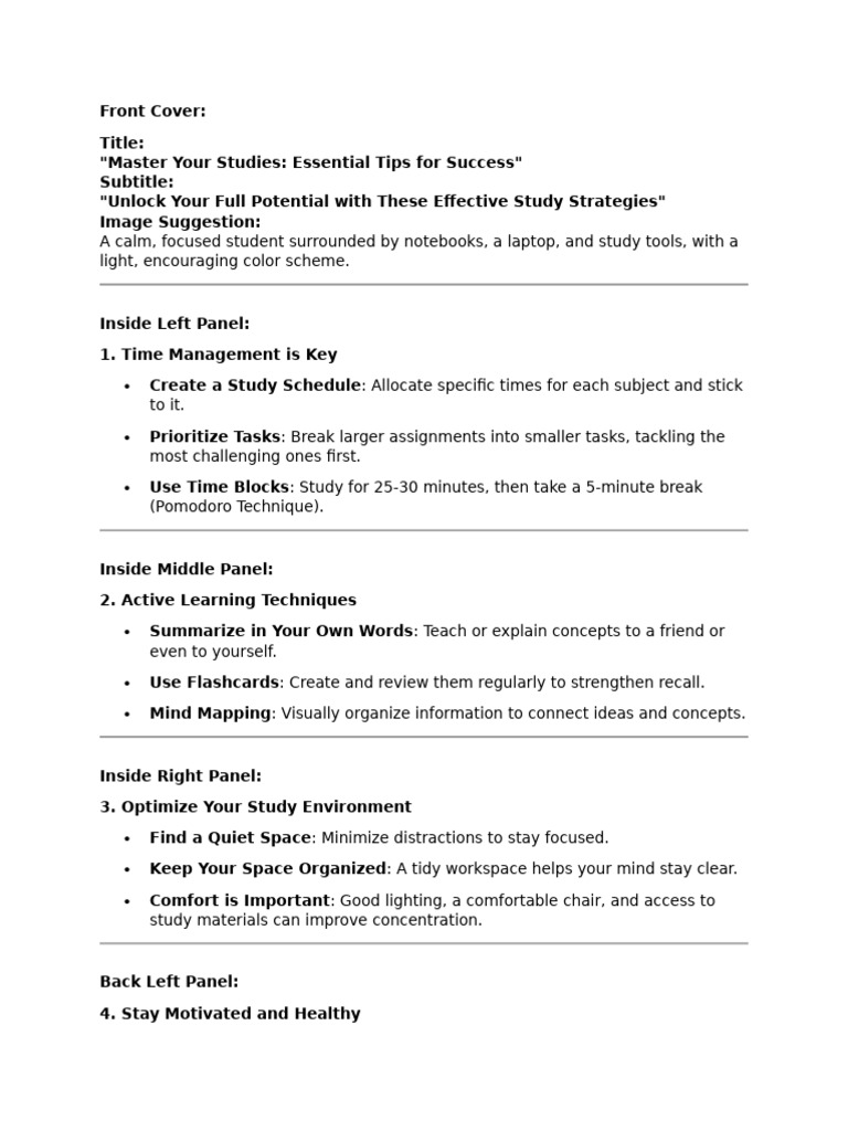 Stress and Health College Exam Study Tips Brochure Outline | PDF