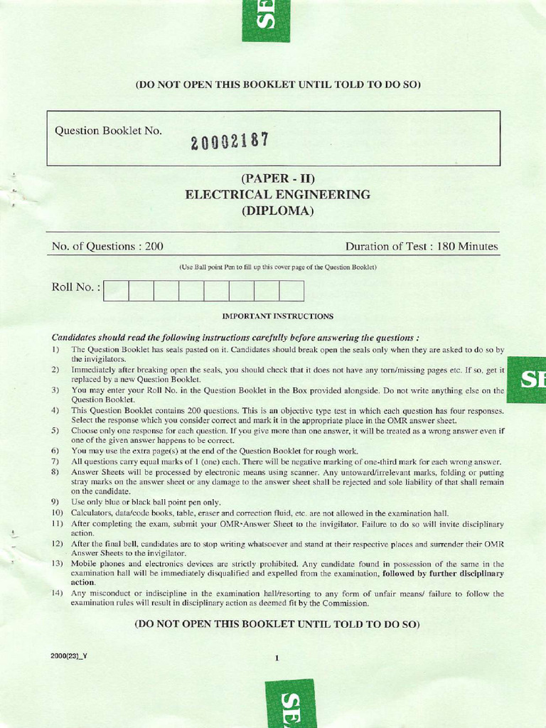 Electrical Engg. Diploma Paper II | PDF