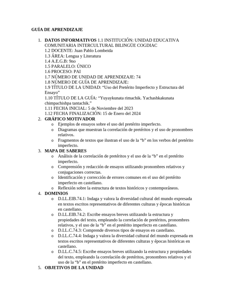 Guia de Aprendizaje 74 Preterito Imperfecto | PDF | Evaluación | Lengua ...
