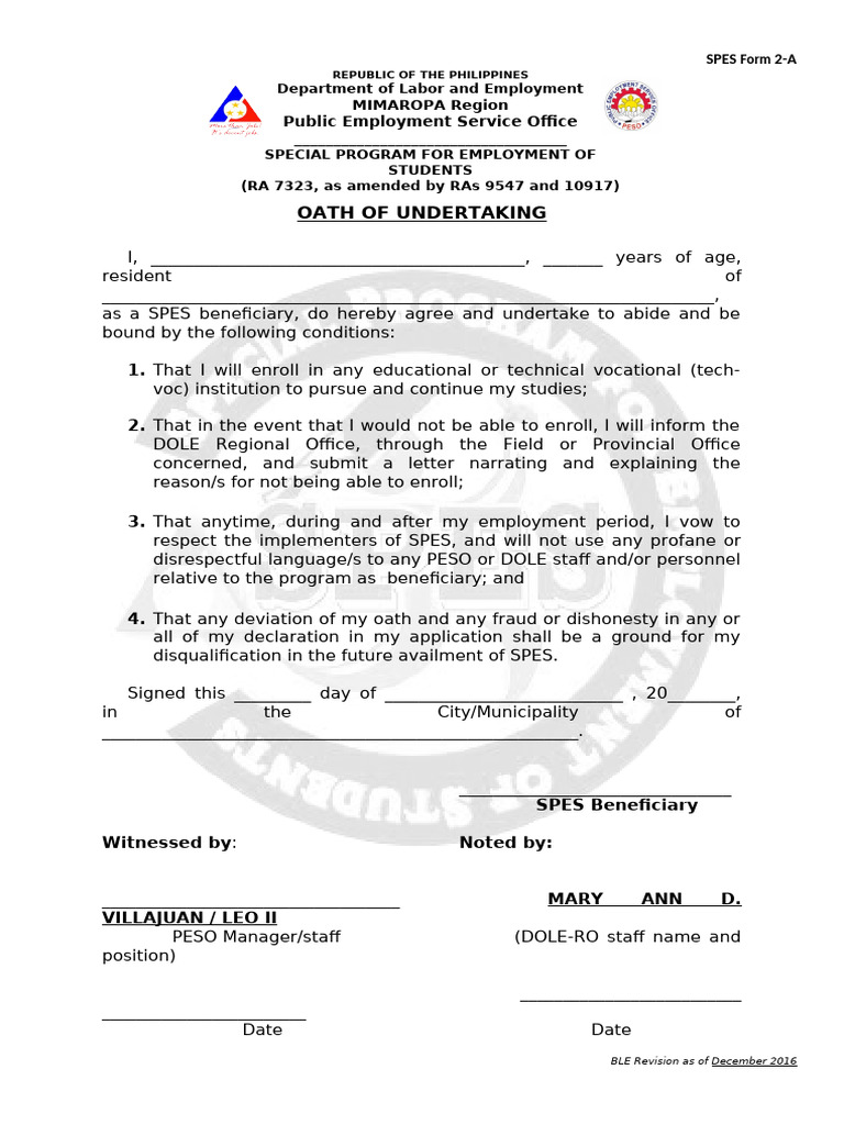 Spes Form 2 A Oath of Undertaking | PDF | Justice | Crime & Violence
