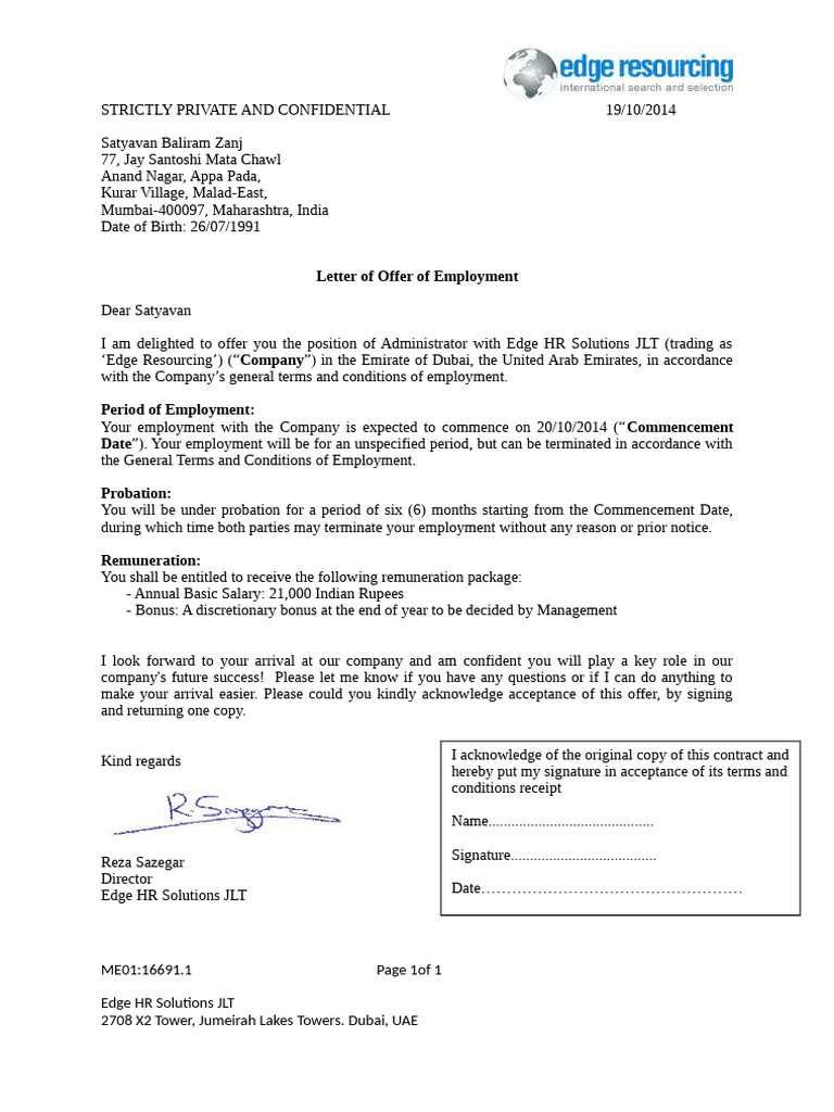 Job Offer Letter for Administrator Position | PDF