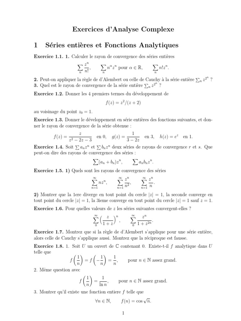 Exercices d'Analyse Complexe et Fonctions Analytiques | PDF | Série ...