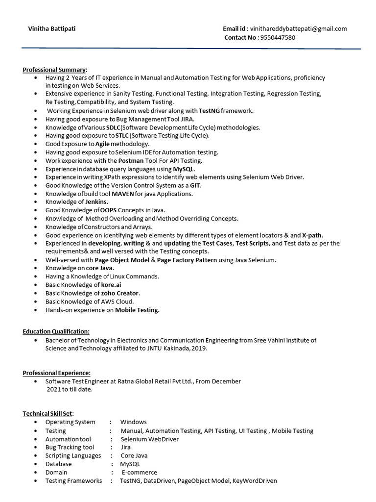 Vinitha Resume - 10 | PDF | Selenium (Software) | Software Testing