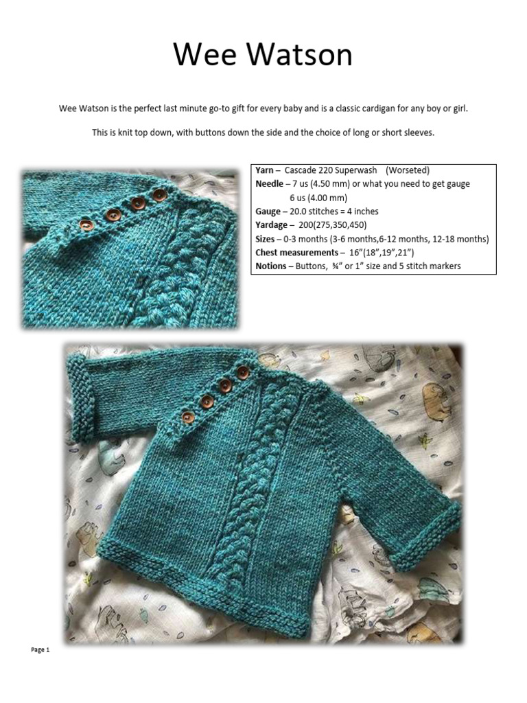 Wee Watson Baby Cardigan Pattern | PDF | Knitting | Gauge (Knitting)
