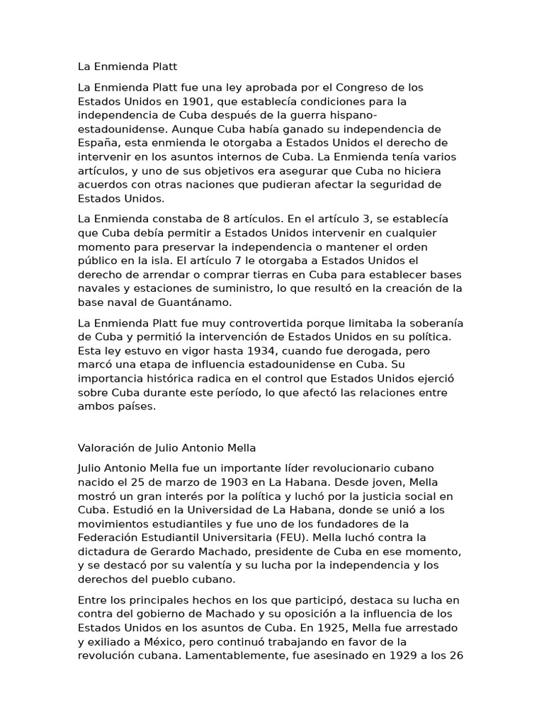 Enmienda Platt y Neocolonialismo en Cuba | PDF | Cuba | Los Estados Unidos