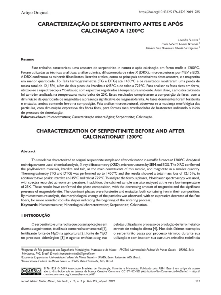 Caracterização de Serpentinito Antes e Após Calcinação A 1200°C | PDF ...