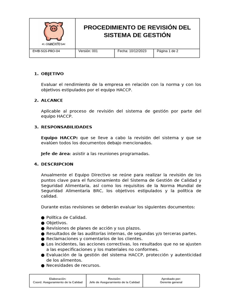 1.1.4 Procedimiento de Revision Del Sistema de Gestion | PDF | Calidad (comercial) | Análisis de ...