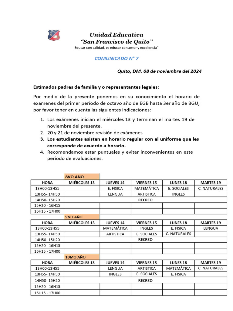 Comunicado PPFF 7 Horario de Examenes | PDF