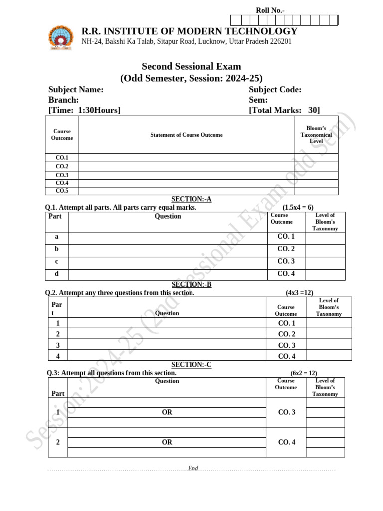 (4.0 UNIT) B.TECH (3rd & 4th YR), BARCH (5th YR) 2nd SESSIONAL PAPER ...