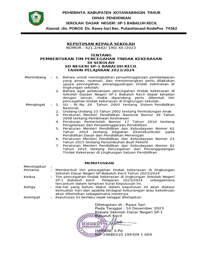 Pembentukan Tim Pencegahan Kekerasan SD | PDF