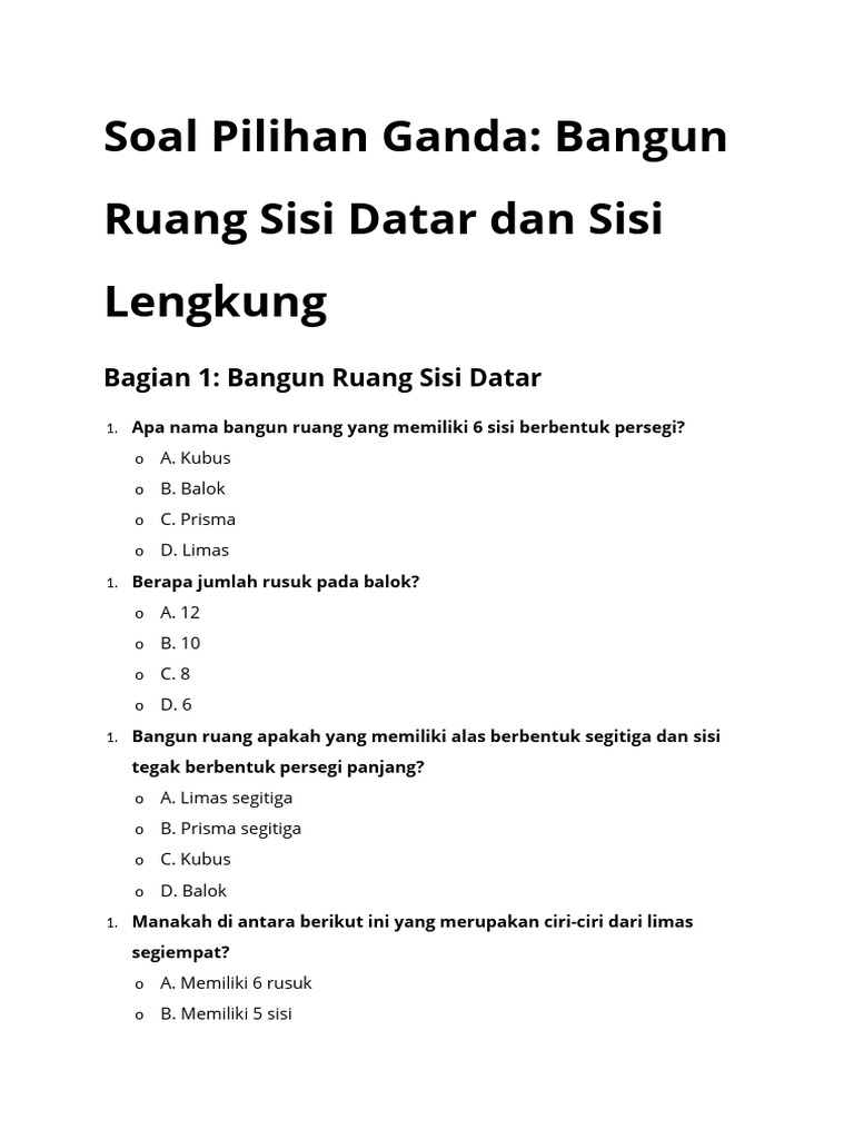 Soal Pilihan Ganda Bangun Ruang Sisi Datar Dan Sisi Lengkung - 20241117 ...