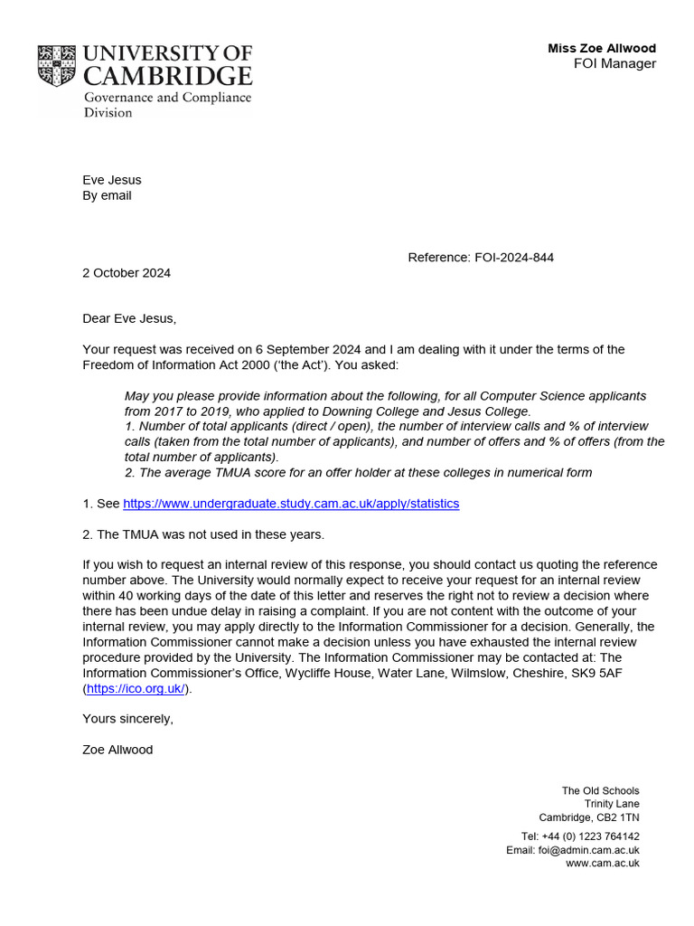 FOI 2024 844 Jesus Response Letter | PDF | Public Sphere | Accountability