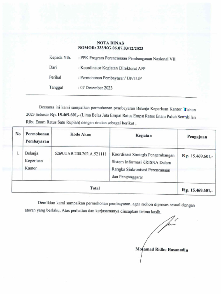 Permohonan Pembayaran Belanja Keperluan Kantor - TUP | PDF