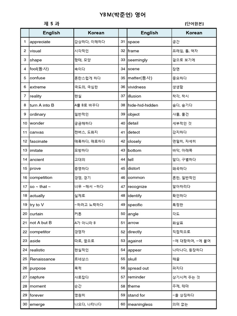 YBM (박준언) 영어 5과 단어 | PDF
