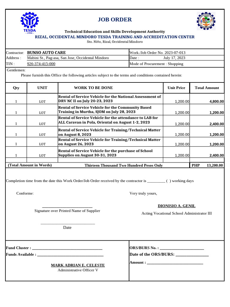 TESDA Job Orders for Vehicle Rentals | PDF | Career And Technical ...