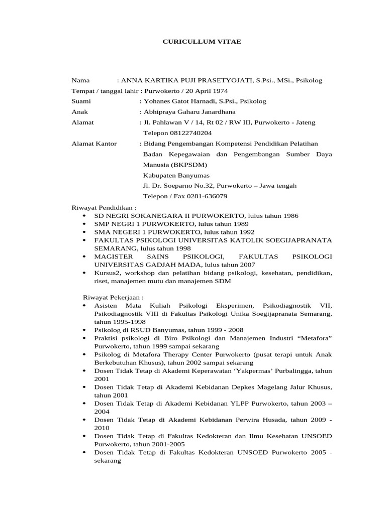 CV Psikolog Anna Kartika Prasetyojati | PDF