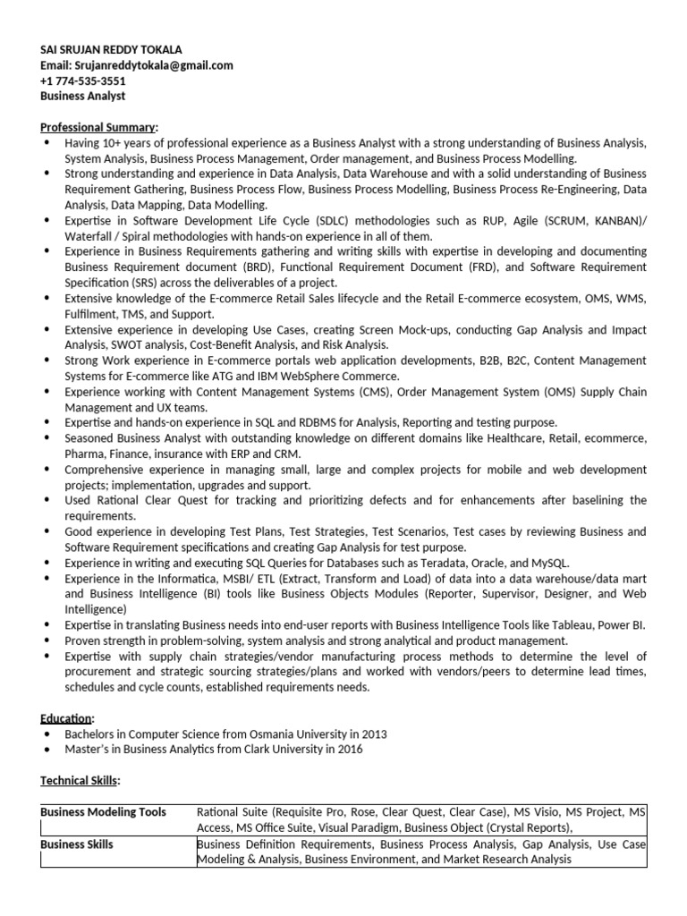 Sai Srujan Reddy Tokala BA Resume | PDF | Scrum (Software Development ...