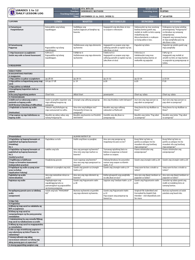 DLL - Filipino 3 - Q1 - W5 | PDF