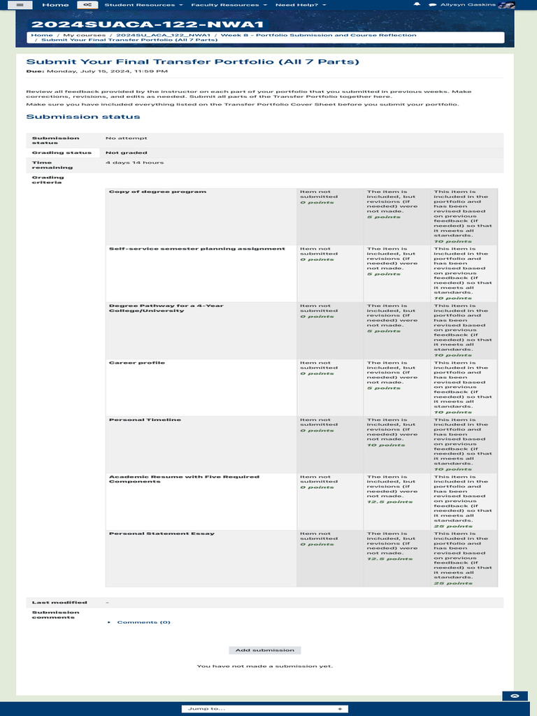 2024SU - ACA - 122 - NWA1 Submit Your Final Transfer Portfolio (All 7 Parts) | PDF