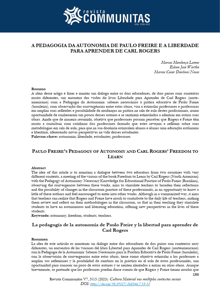A Pedagogia Da Autonomia de Paulo Freire e A Liberdade para Aprender de Carl Rogers | PDF ...