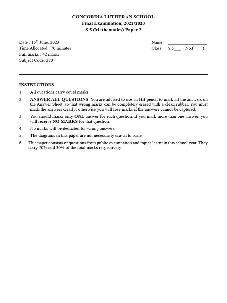 2022 23 Final Exam S5 Math Paper 2 Eng Pdf Significant