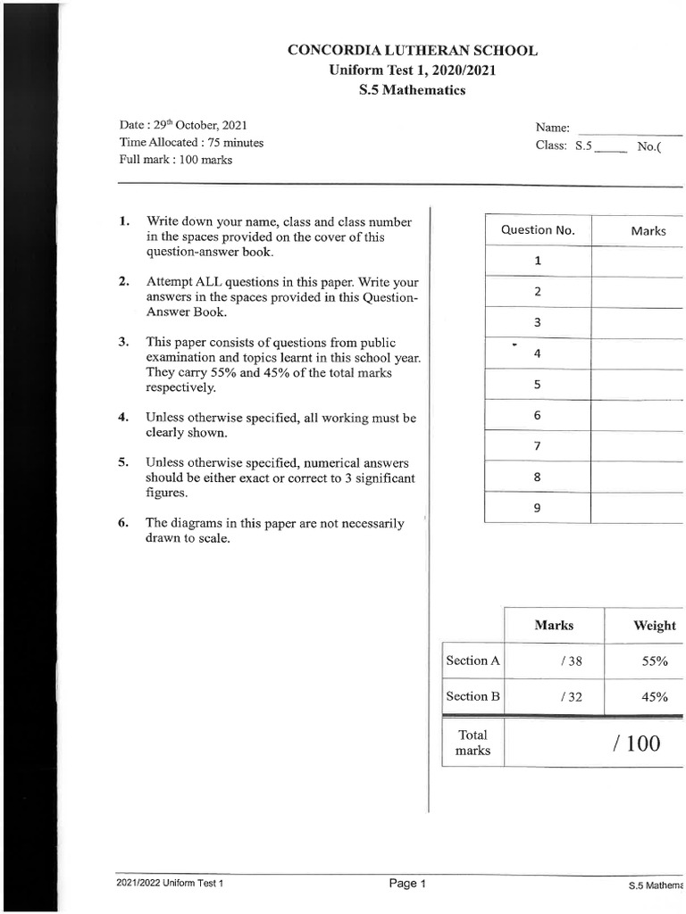 2021-22 Maths S5 Uniform Test 1 (Eng) | PDF