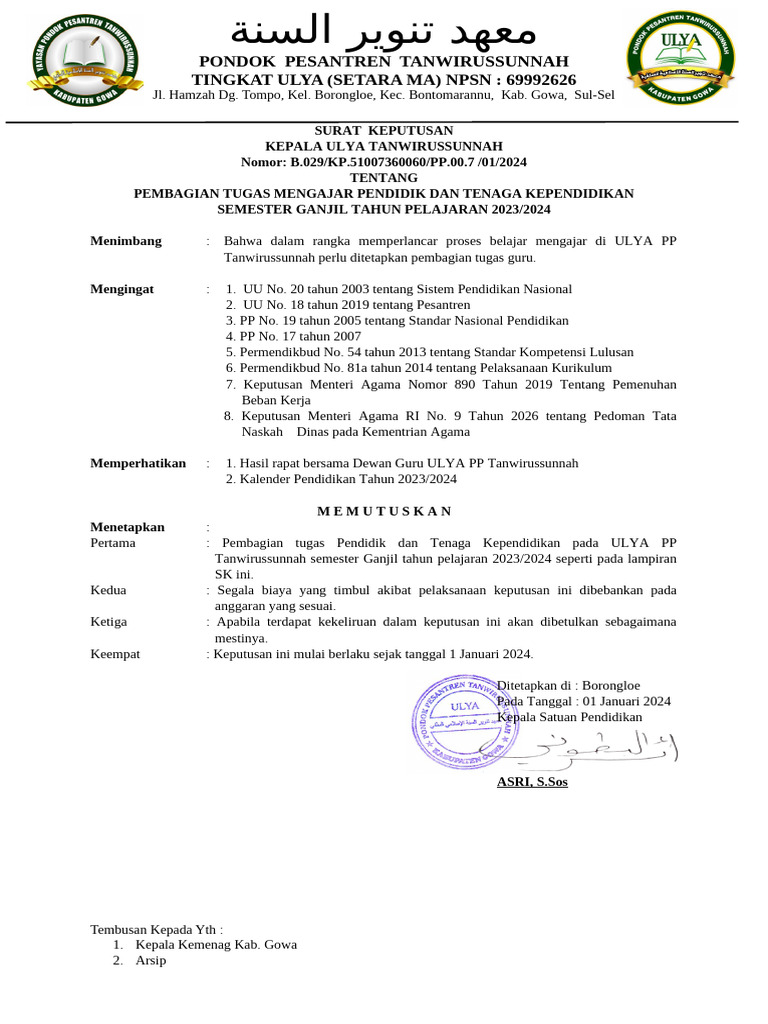 SK Dan Pembagian Tugas Pendidik Dan Tenaga Kependidikan Ulya Sem Ganjil 2023.2024 | PDF
