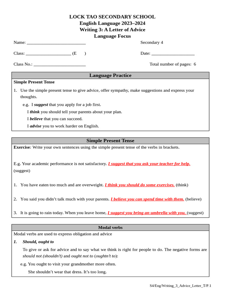 Writing Advice Letters for Class 3 | PDF | Syntax | Linguistics