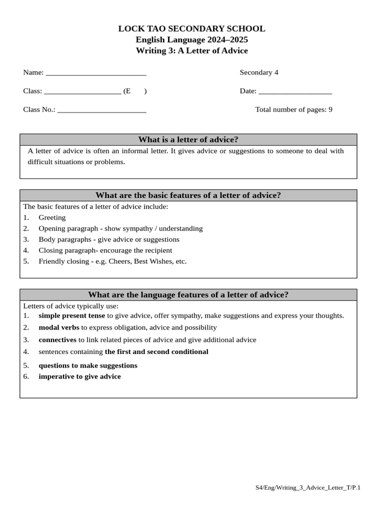S4 Writing 3 - Letter of Advice - T | PDF | English Language | Verb