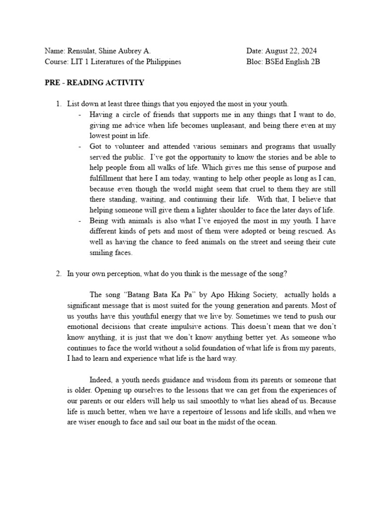 Rensulat - L2 Pre - Reading Activity | PDF | Psychology